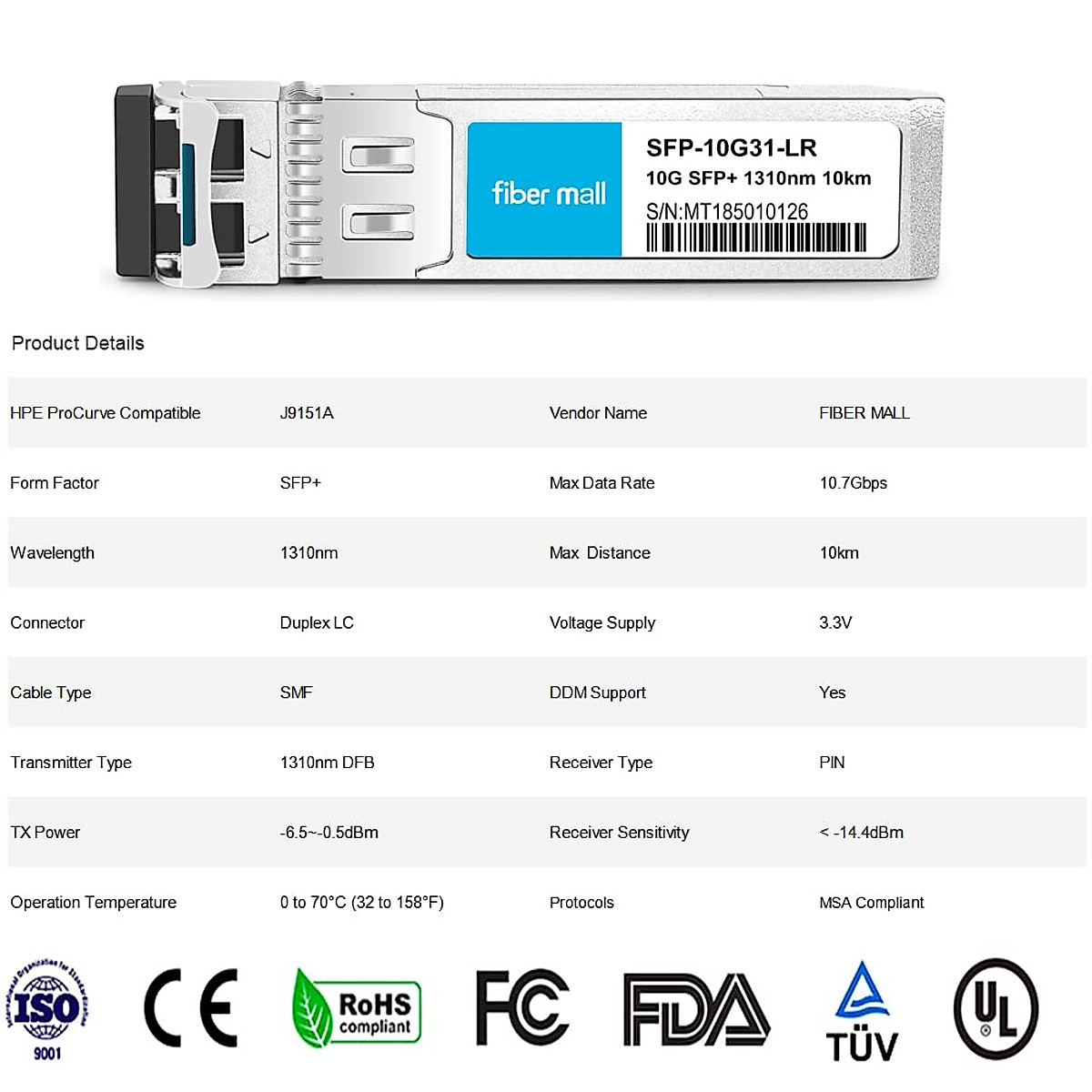 SFP 10G LR for HPE ProCurve J9151A HPE Aruba J9151D J9151E J9151ECM 10GBASE-LR SFP+ 1310nm 10km DOM Transceiver Module
