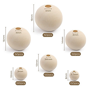 LotFancy Wooden Beads, 500pcs 6 Sizes Unfinished Natural Wood Beads for Crafts, Round Predrilled Wooden Balls for Garland Macrame Jewelry Farmhouse Décor (8mm 10mm 12mm 14mm 16mm 18mm)