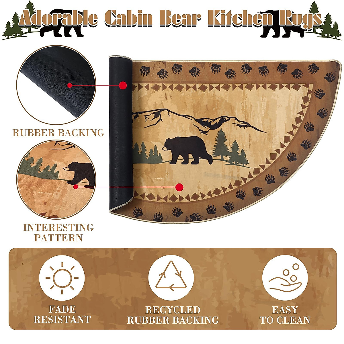 Kinlop Winter Half Round Hearth Rug Birch Bear Non Skid Rug Fireplace Rustic Bathroom Rugs Cabin Non Slip Kitchen Mat Nature Scene Kitchen Carpet for Wood Floor Home Bedroom Living Room, 24'' x 47''