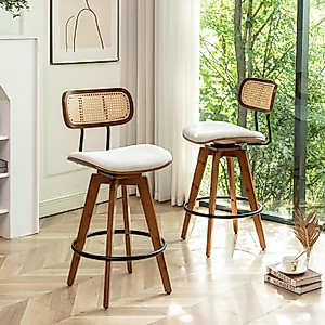 YOUUGIOR 26" Rattan Bar Stools Set of 2, Linen Fabric Counter Height Swivel Barstools with Rattan Backrest and Wooden Legs,Armless Mid Century Modern Bar Chairs for Kitchen/Dining Room/Bar(Beige)