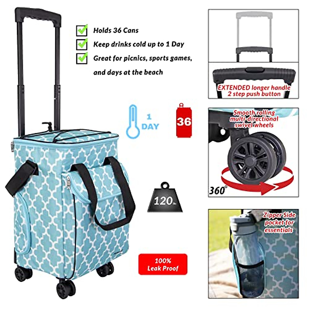 dbest products Ultra Compact Cooler Smart Cart 360 Insulated Collapsible Rolling Tailgate BBQ Beach, Moroccan Tile