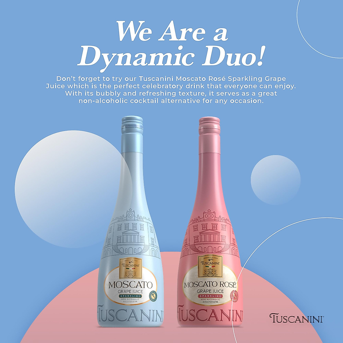 Tuscanini Sparkling Moscato Grape Juice, 25.3oz (2 Pack) | Non Alcoholic Italian Moscato | Elegant Champagne Bottle | Imported from Italy | Great for Cocktails | Kosher