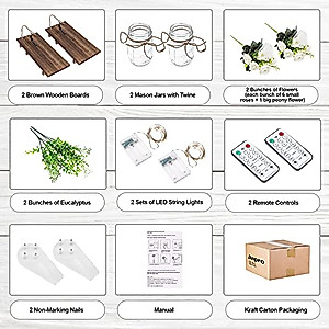 Anpro Mason Jars sconces with Lights,Decorative Mason Jar Wall Decor,Rustic Wall Sconces with 6-Hour Timer LED Fairy Lights and Flowers (2 Pack) Iron Hooks for Christmas,Halloween Decorations