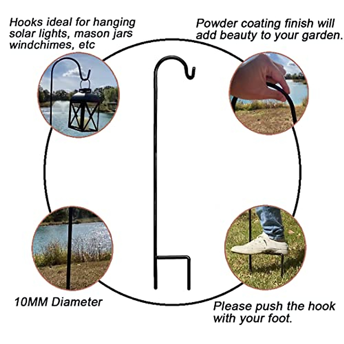 Ashman Black Shepherd Hook 48 Inch (2 Pack), 10MM Thick, Super Strong, Rust Resistant Steel Hook Ideal for Use at Weddings, Hanging Plant Baskets, Solar Lights, Lanterns, Bird Feeders.