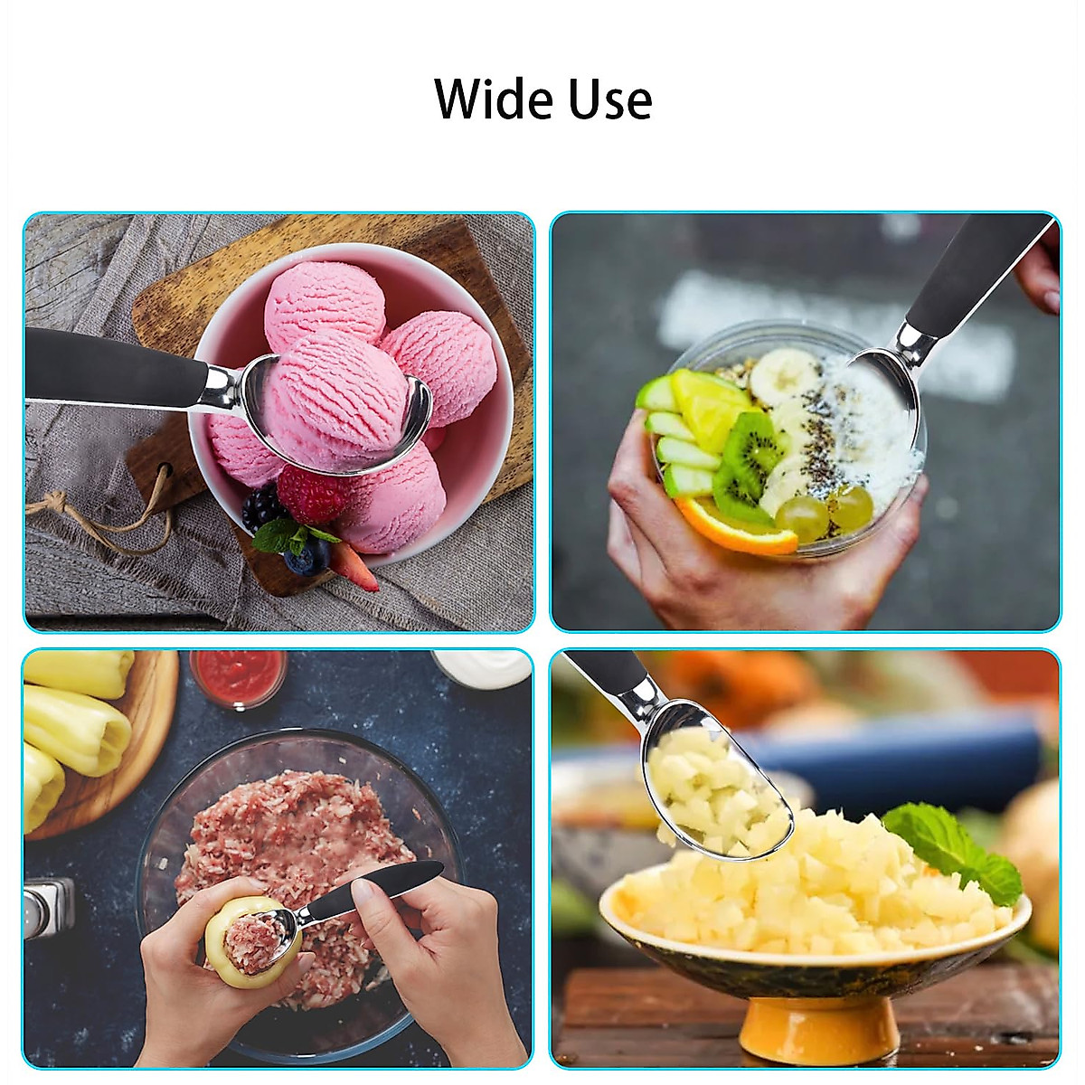 2Pack Ice Cream Scoop - Comfortable Stainless Steel Icecream Scooper With Non-Slip Rubber Grip, Ice Cream Spade Great for Sorbet, Almon,Cookie Dough, Melon (Black&Zinc)