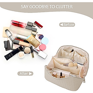 BAKLUCK Travel Large Capacity Cosmetic Bag with Compartment Waterproof PU Leather Makeup Bag for Women and Girl Travel Bathroom Portable Checkered Beige