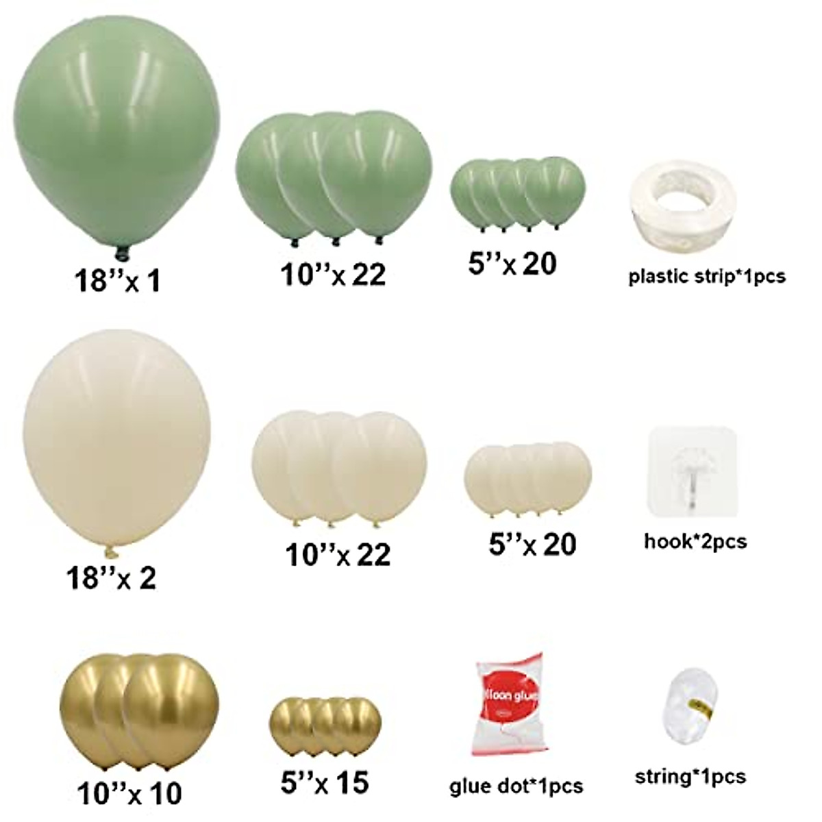 Sage Green Balloon Garland Arch Kit- Double Stuffed Sage Green Balloons Ivory White Metallic Chrome Gold Balloons for Baby Shower Jungle Safari Wild One Birthday Party Decorations