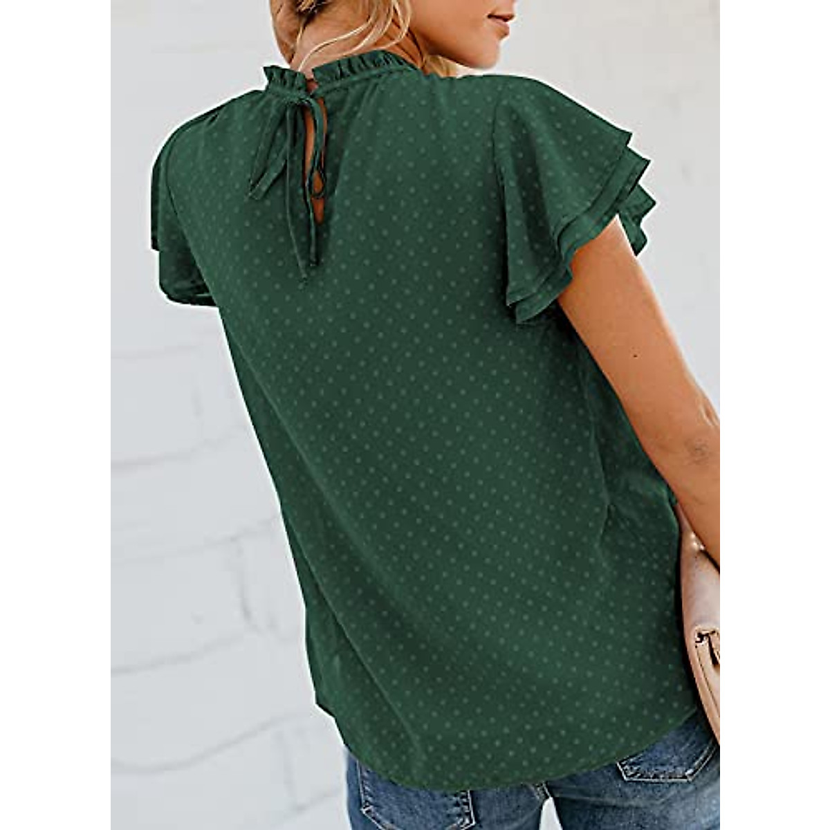 Dokotoo Women's Fashion 2023 Summer Ruffle Short Sleeve Round Neck Tops Lace Pom Pom Smocked Basic Tee Shirts Back Keyhole Self Tie Flowy Chiffon Blouses XL Green