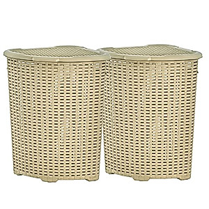 Plastic Corner Laundry Hamper with Lid, Curved Designed Laundry Basket, 2 Pack Triangle Beige Cloths Hamper Organizer with Cut-out Handles for Laundry Room Bedroom Bathroom, Wicker Design, 50 Liter