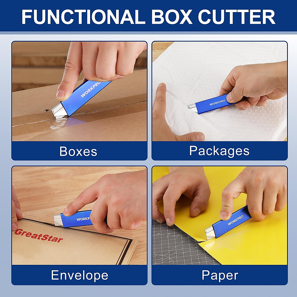 WORKPRO 12-Pack Box Cutter Retractable - Utility Knife with Single Edge Razor Blade - Razor Knife Box Opener Cardboard Cutter with Metal Sheathes- Extra 12-Pack Razor Blades for Replacement - Blue