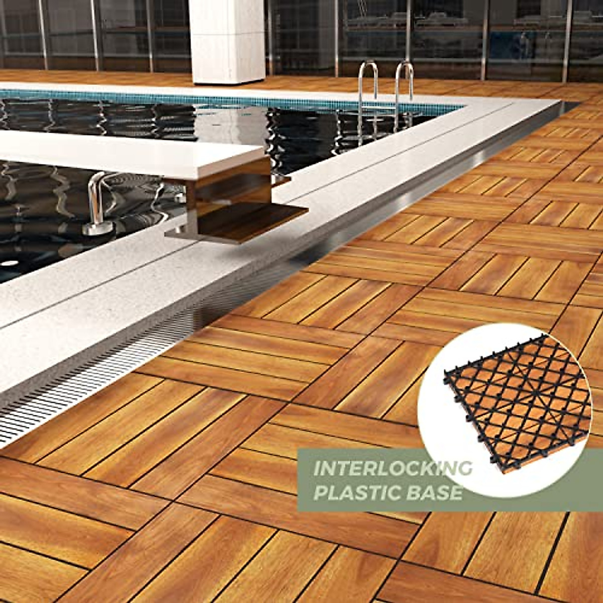 Wood Interlocking Flooring Tiles (Pack of 10, 12" x 12"), Solid Wood Acacia Deck Tiles Interlocking, Patio Tiles Outdoor Interlocking Waterproof All Weather (4 Slat, Natural Color)