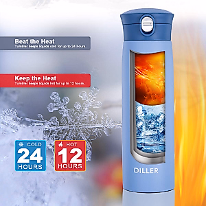 Diller Thermal Water Bottle, Coffee Travel Mug 16 or 8 oz Kids Mini Water Bottle Tumbler with Spout Lid, Leak Proof Flask for Kids and Women Keep 12H Piping Hot & 24H Cold (Blue, 8 oz)