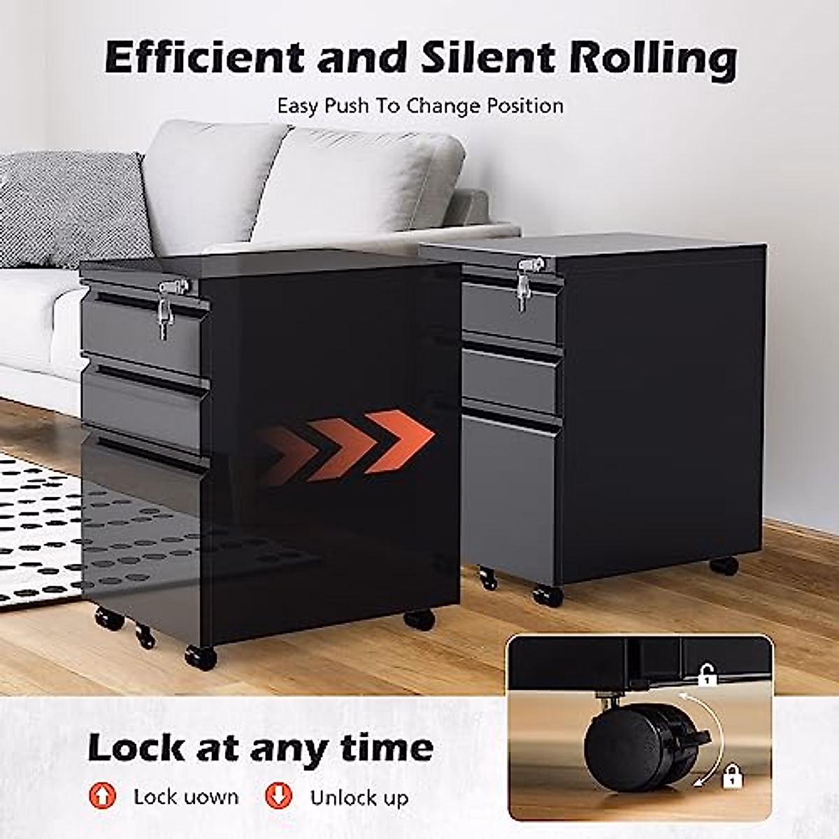 NEWBULIG 3 Drawer Metal Mobile File Cabinet Under Desk Storage with Lock and Wheels, Office Filling Box for Deposit Folder, Black