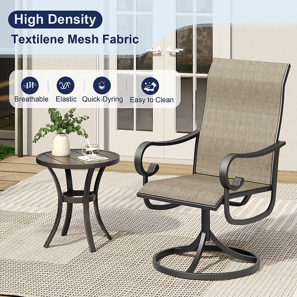 VICLLAX Patio Swivel Dining Chairs Set of 6, Outdoor furnitures Breathable Fabric with Curved Arms for Lawn Deck, Black Frame