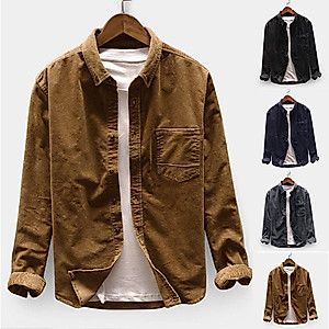 Men's Retro Corduroy Shirt Long Sleeve Button Down Jackets Big and Tall Flannel Warm Shirts Regular Fit Plain Tops M-3XL
