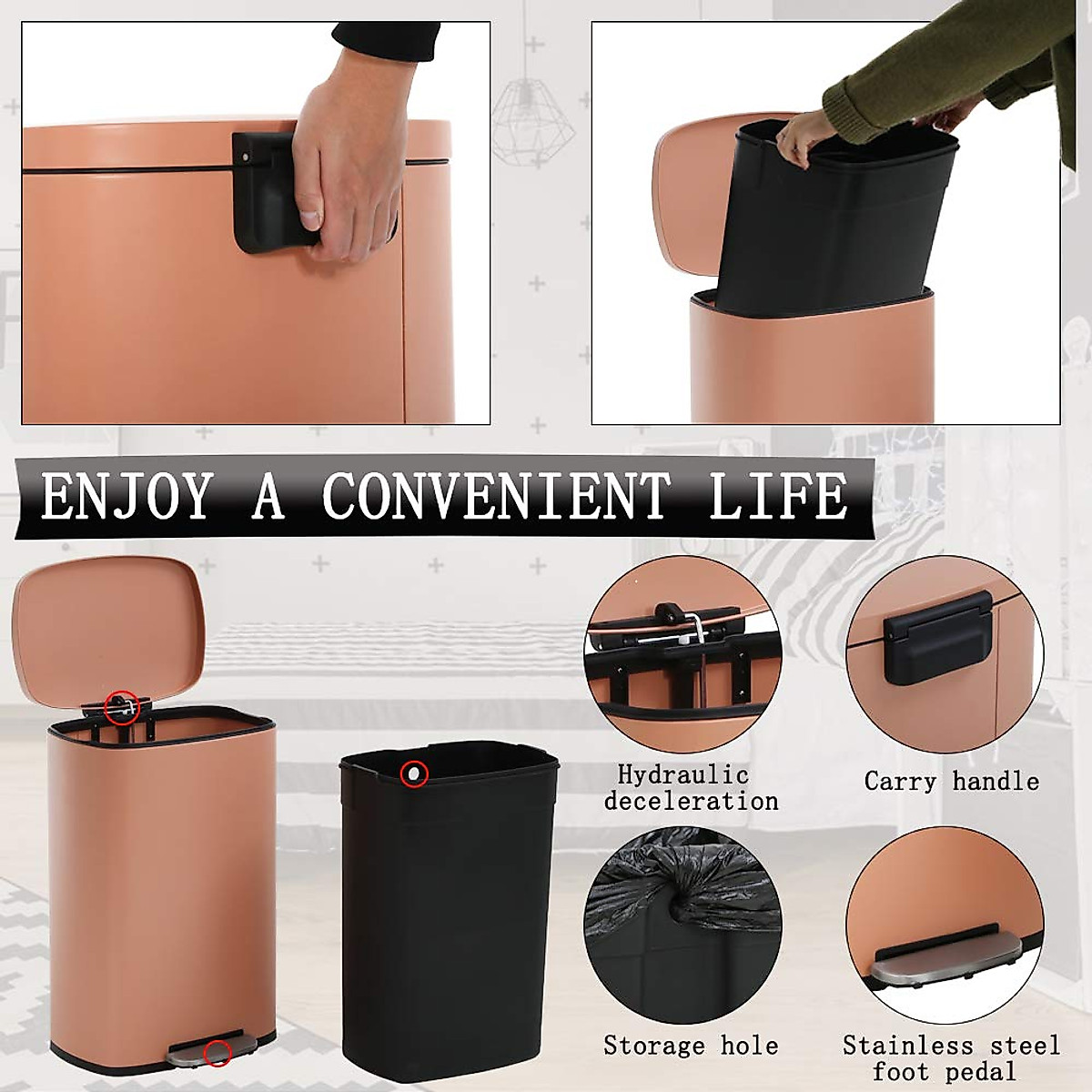 Dkeli Kitchen Trash Can with Soft Slow Lid Pedal Step Trash Can with Removable Plastic Inner Bucket Stainless Steel Garbage Can for Bathroom Kitchen and Office Trash Bin 13 Gallon / 50 Liter, Pink