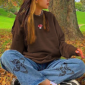 Women Long Sleeve Mushroom Embroidery Casual Oversized Crewneck Pullover Sweatshirt Tops Brown