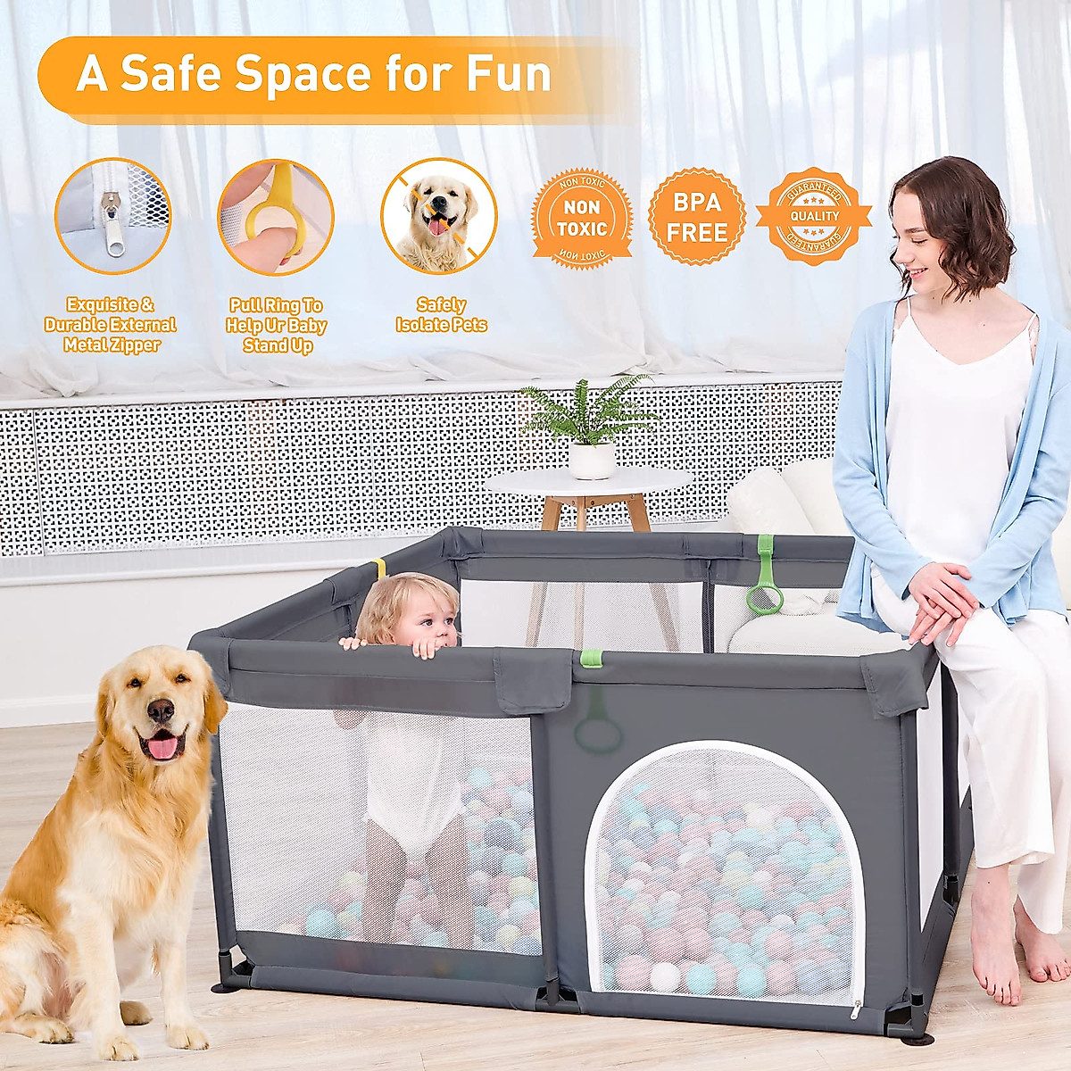 Baby Playpen 51-Inch Large Playyard for Toddler - Reliable Kids Activity Center for Infant, Sturdy Safety Playpen with Thickened Pipes+ Anti-Slip Suckers+Soft Breathable Mesh(Dark Gray, 51-Inch)