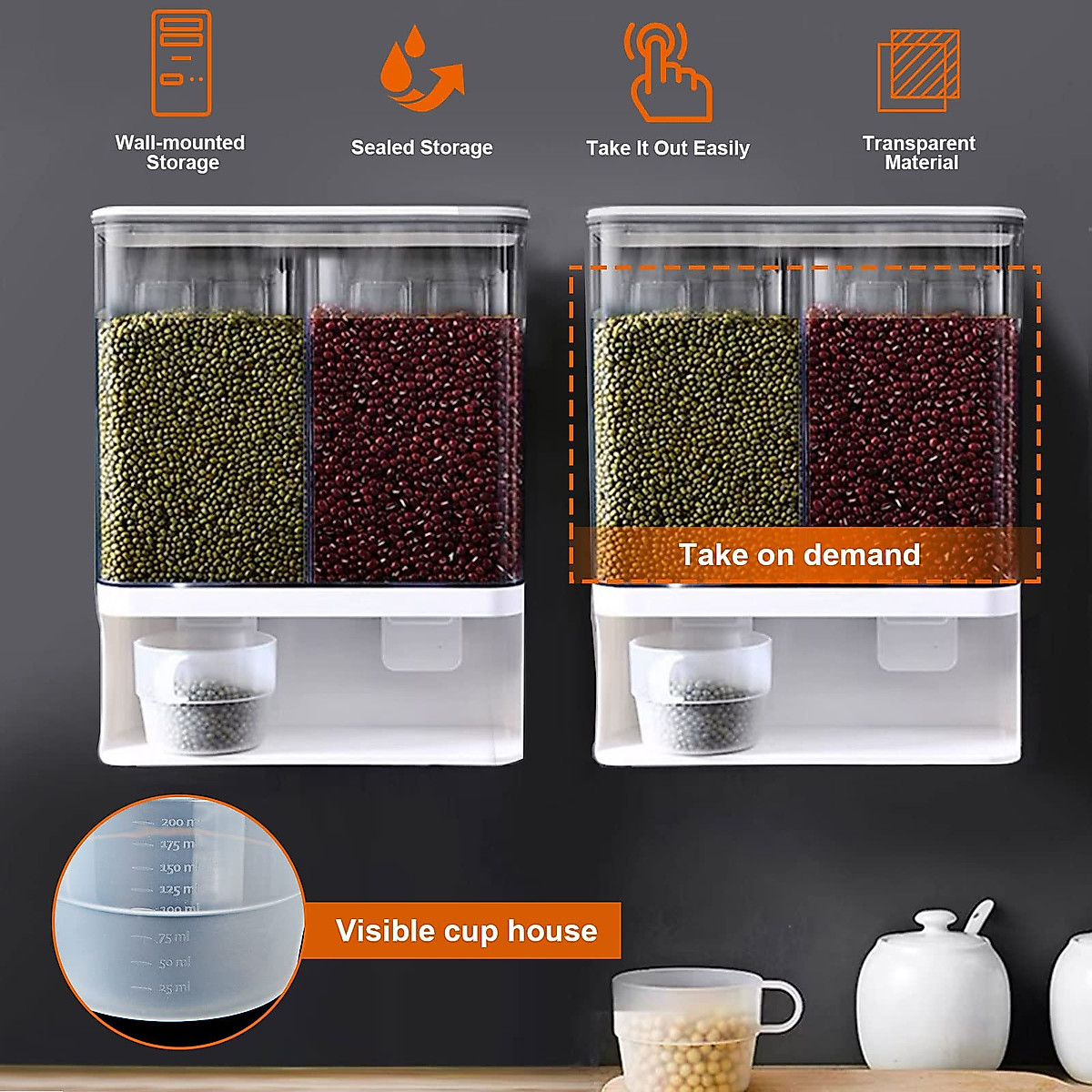 LANIAKEA Rice Dispenser, Laundry Detergent Dispenser, Wall-Mounted Rice Dispenser Container with Lids, Large Capacity Dry Food Storage Container for Rice, Beans, Laundry Scent Beads, Dog Food