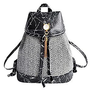 Drawstring Small Backpack Bag Women Pattern Cover Stone Backpack Tassel Lock Mini Backpacks for (Black-b, One Size)