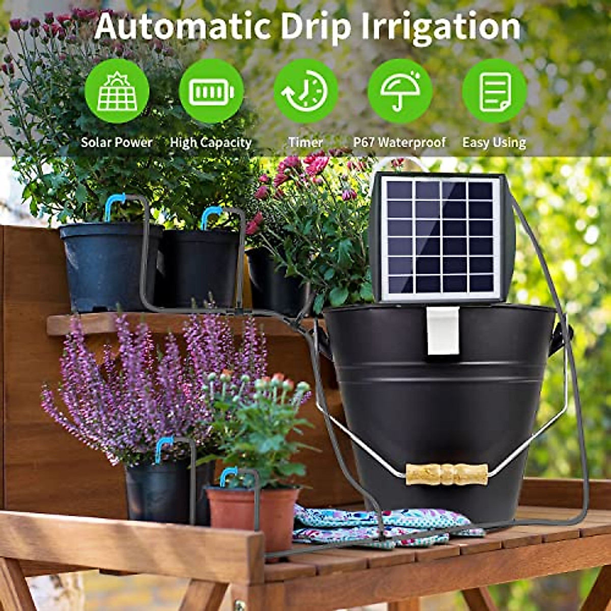 Solar Auto Drip Irrigation Kit System, Solar Powered Plants Watering System, Self Watering Devices Supported 15Pots with 6Timing Modes, Irrigation System for Indoor and Outdoor,Balcony Patio & Garden