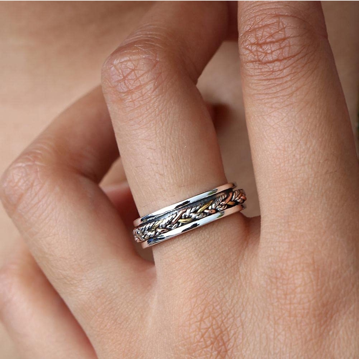 ENERGY STONE Twine 5.5 mm Narrow Band Tri-Color Sterling Silver Meditation Spinner Ring (Style US40) (7)