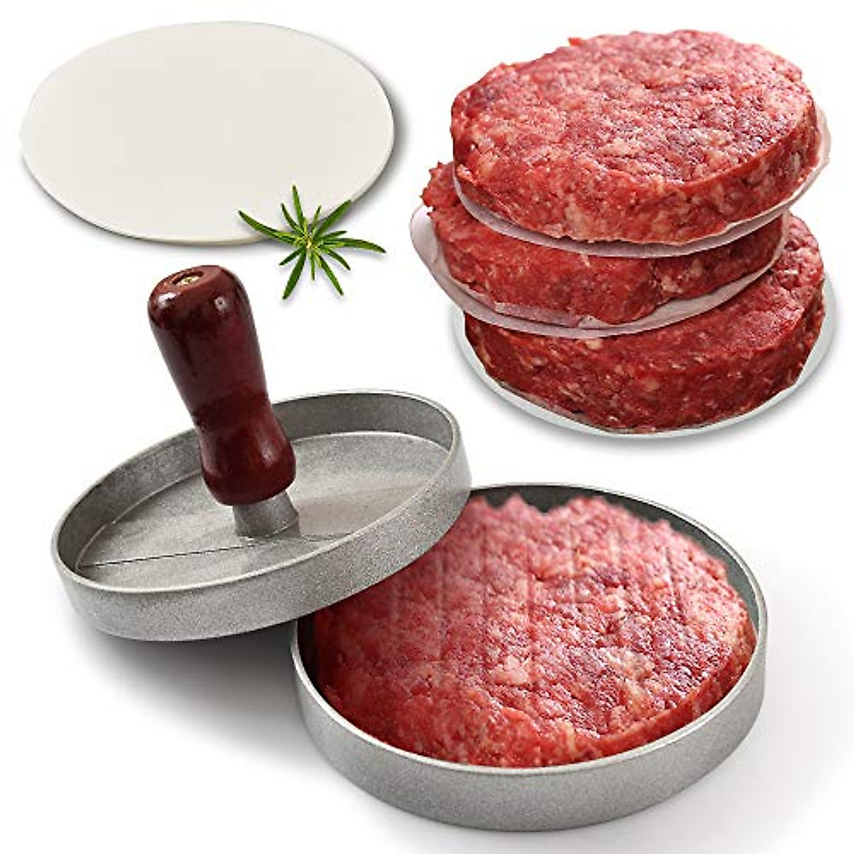 Cozihom Burger Press and Patty Papers Set, Non-Stick Hamburger Press, Grill Press, Patty Maker Mold with 120 Pcs Wax Patty Paper Sheets