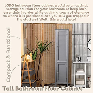 LOKO Tall Bathroom Floor Cabinet, Multifunctional Freestanding Storage Cabinet with Doors, Narrow Slim Linen Tower for Bathroom, Living Room or Kitchen, 14.5 x 14.5 x 63 inches (Grey)