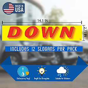 Versa Tags Windshield Slogan Stickers 12 Pack Each of Loaded, Down, Cash, Buy HERE Pay HERE, 4X4 (60) Window Stickers Total Dealership Stickers Red On Yellow