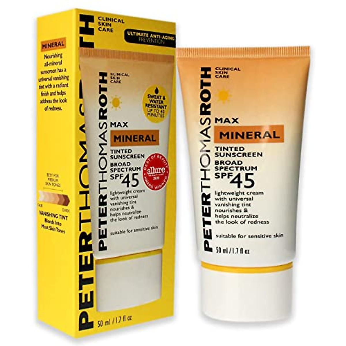 Peter Thomas Roth | Max Mineral Tinted Sunscreen Broad Spectrum SPF 45 | Tinted Moisturizer with SPF, Water-Resistant Mineral Sunscreen For Sensitive Skin, 1.7 Fl Oz. (Pack of 1)