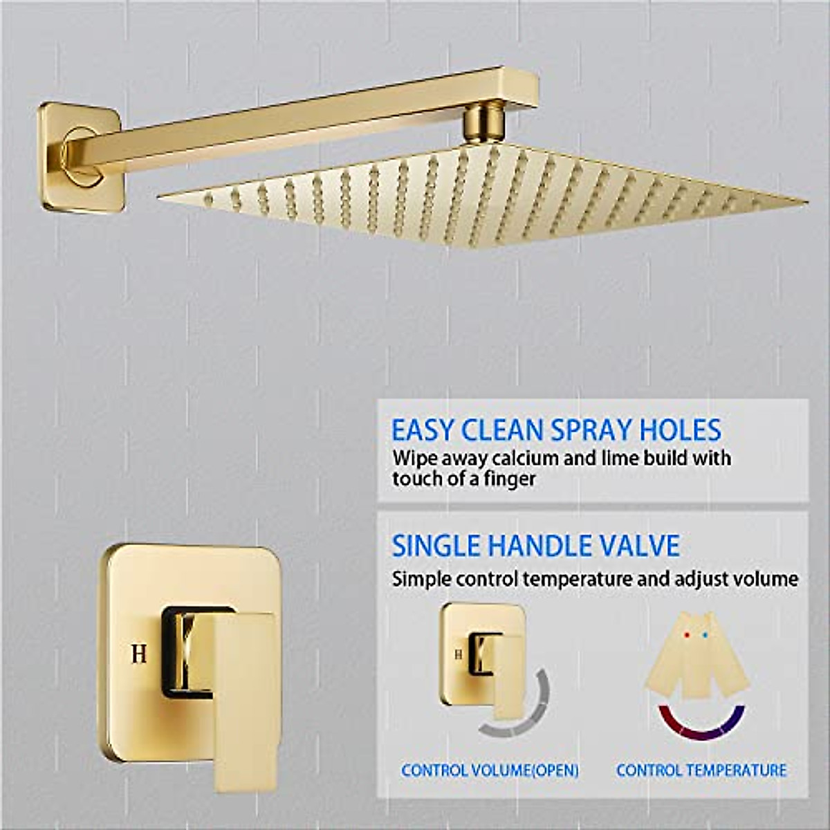 Brushed Gold Shower Faucet GGStudy Single Function Shower Trim Kit with Rough-in Valve Shower Set Bath Rainfall Shower Faucet System 10 inch Square Stainless Steel Metal Shower Head