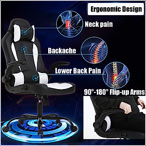 PC Gaming Chair Ergonomic Racing Heavy Duty Office Chair Video Game Chair, Massage Function Lumbar Support with Flip Up Arms & Headrest Nice Chic Desk Chair, Adjustable Best Home Office Chair - White