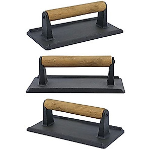Finderomend Cast Iron Grill Bacon Press,Pre-Seasoned Coating Heavy Duty Steak and Burger Press with Wooden Handle,Steak Press for Griddles,Grills Bacon, Paninis (Dark Black)