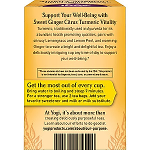 Yogi Tea Sweet Ginger Citrus Turmeric Vitality Tea - 16 Tea Bags per Pack (4 Packs) - Organic Ginger Turmeric Tea - Supports Well-being - Includes Turmeric Root, Ginger Root, Cinnamon Bark & More