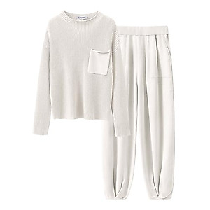 ANRABESS Women's Two Piece Outfits Long Sleeve Knit Top Fall Sweater Set Oversized Pants Tracksuit Lounge Sets White Medium