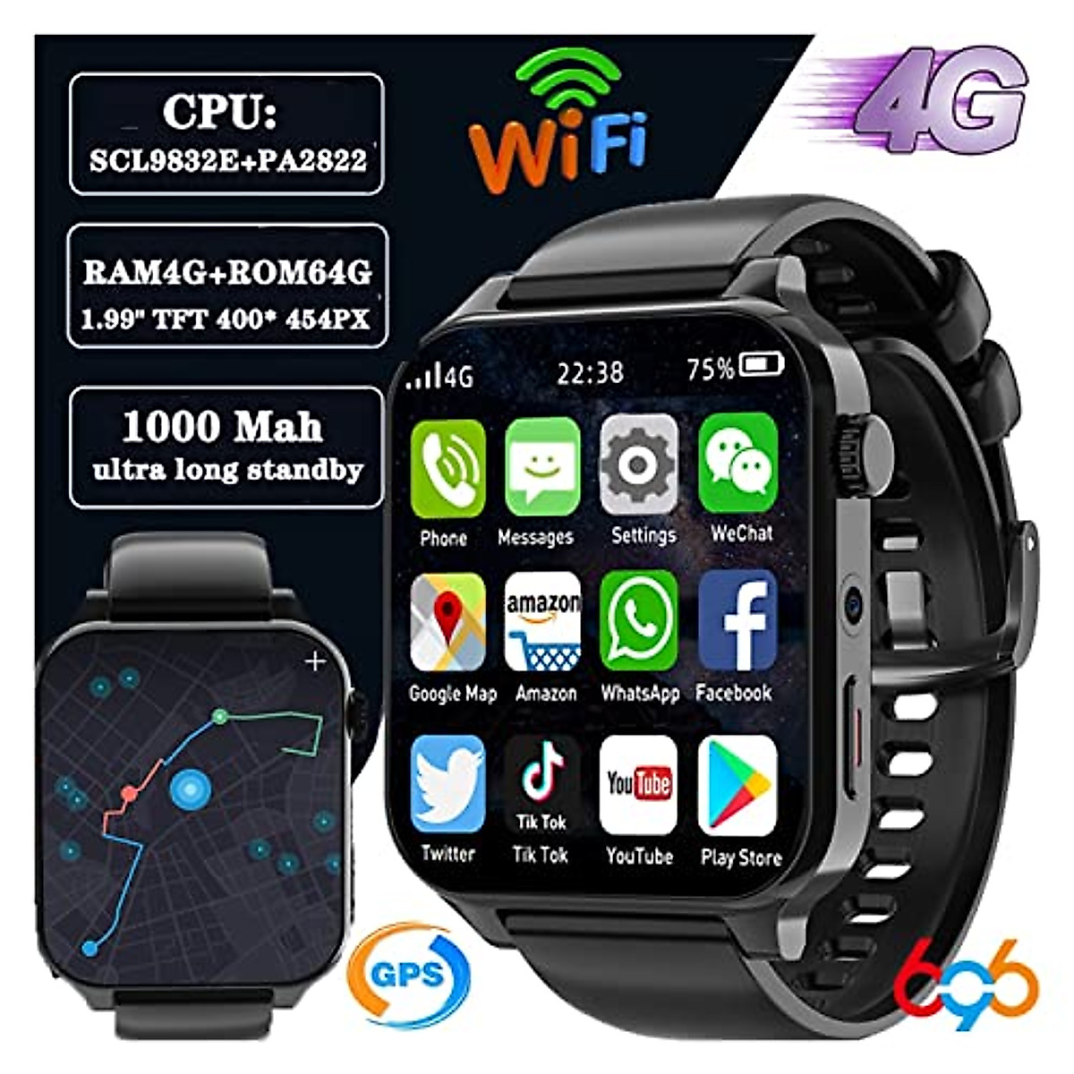 JAITEA New R.AM 4GB ROM 64GB 1.99 Inch 4G Call Smartwatch GPS WiFi Dual Camera Waterproof Sports Men's Smartwatch Men
