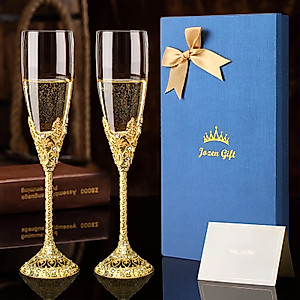 Jozen Gift Gold Champagne Flutes - Crystal Glasses&Metal Base With Crystal Stone, Set of 2 Toasting Flute Pair, Wedding Anniversary, Party Birthday Banquets Gifts for Bride and Groom 6 oz