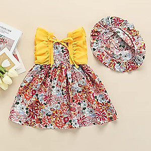 Toddler Infant Girl Flower Dress + Sun Hat 2Pcs Summer Boho Floral Ruffle Sleeve Tutu Dresses Baby Clothes Set (12-18 Months, Yellow)
