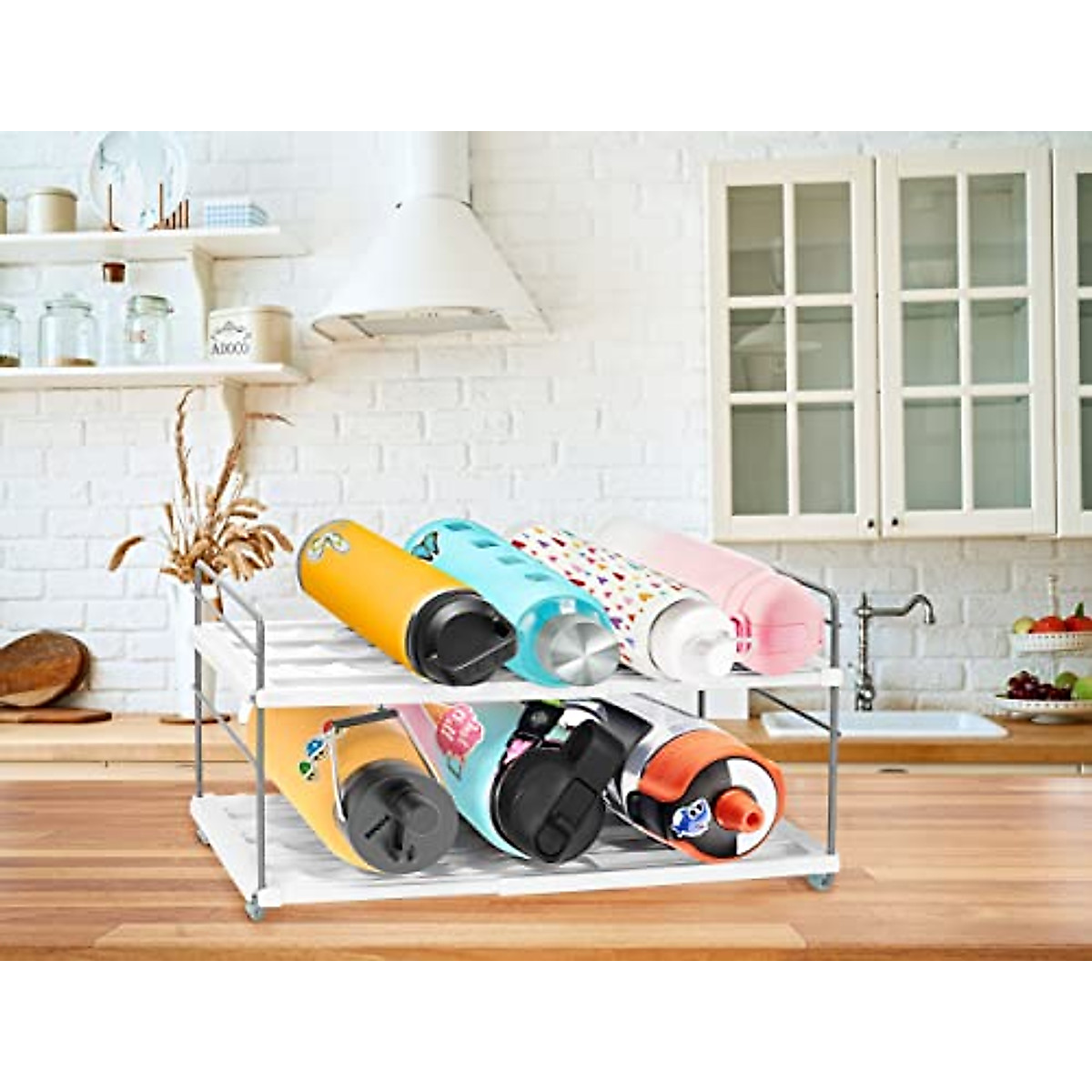 Expandable Water Bottle Organizer for Cabinet, Water Bottle Holder Storage Rack for Kitchen Pantry Organization, Height & Width Adjustable Cup Bottle Holder Shelf Organizers, Hold Up to 10 Bottles