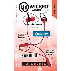 Wicked Audio Bandido Wireless — Bluetooth Earbuds with Microphone and Track Control — Wireless Headset with Metal Housing, Loop and Fin Attachments and Enhanced Bass — Red