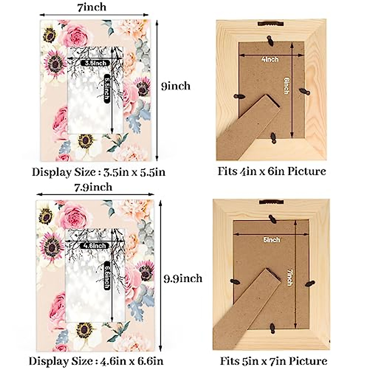 POFATO Chrysanthemum Pink Rose 4x6 Picture Frame Wood Photo Frame for Tabletop Display Wall Mount Picture Frame Display 4x 6 Inch Photo Wall Decor Home Gift Frames