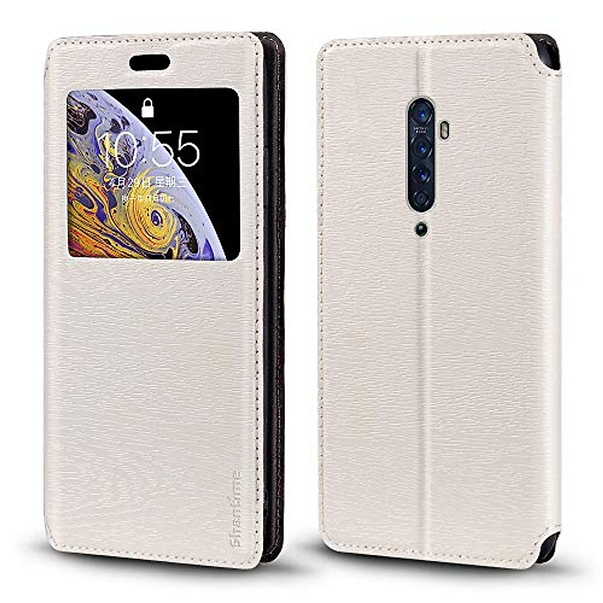 Oppo Reno 2 Case, Wood Grain Leather Case with Card Holder and Window, Magnetic Flip Cover for Oppo Reno 2