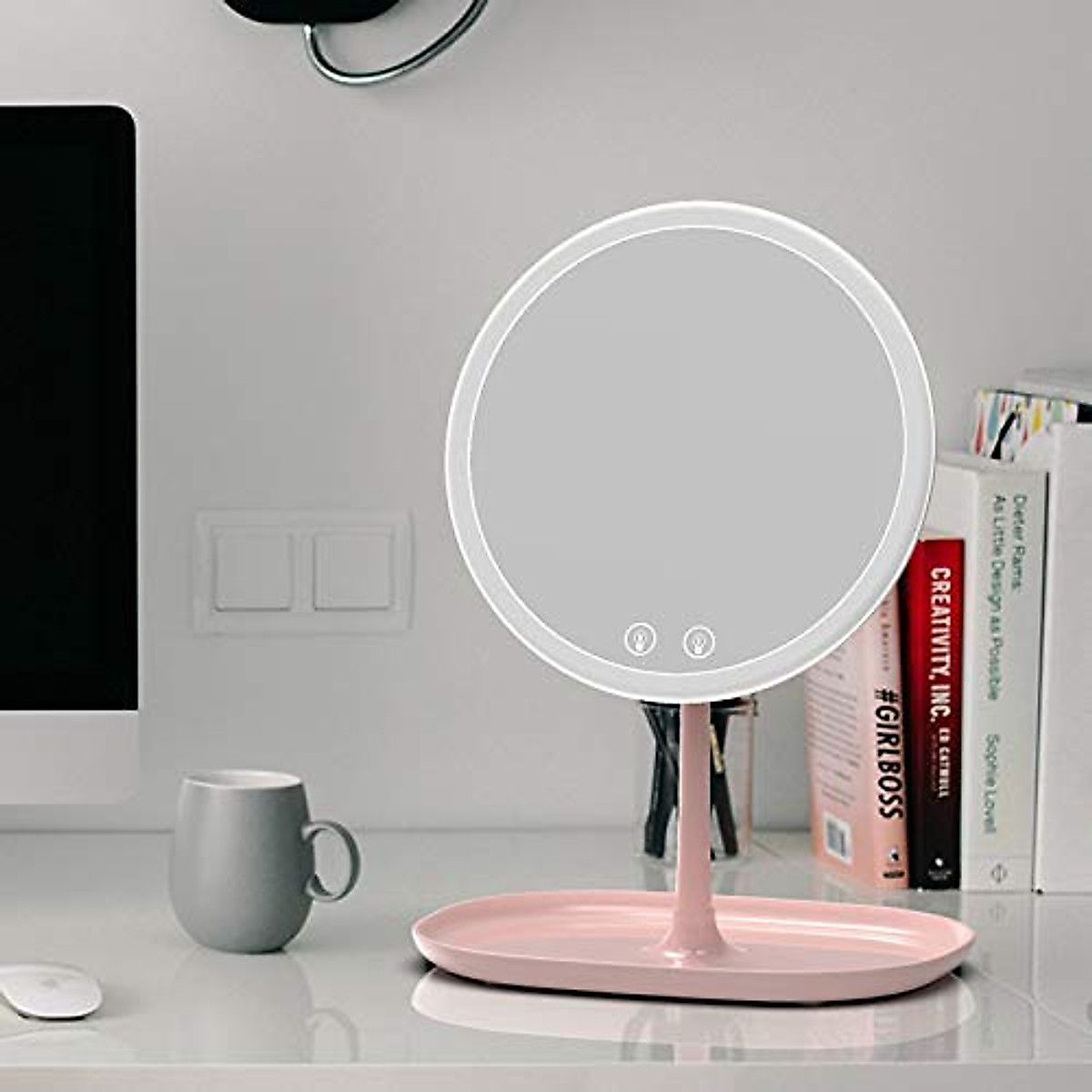 KXA Foldable Makeup Mirror, Vanity Mirror Dimmable LED Lights with Wide-Angle Touch Screen and Countertop Adjustable 90-170 Degree Bracket