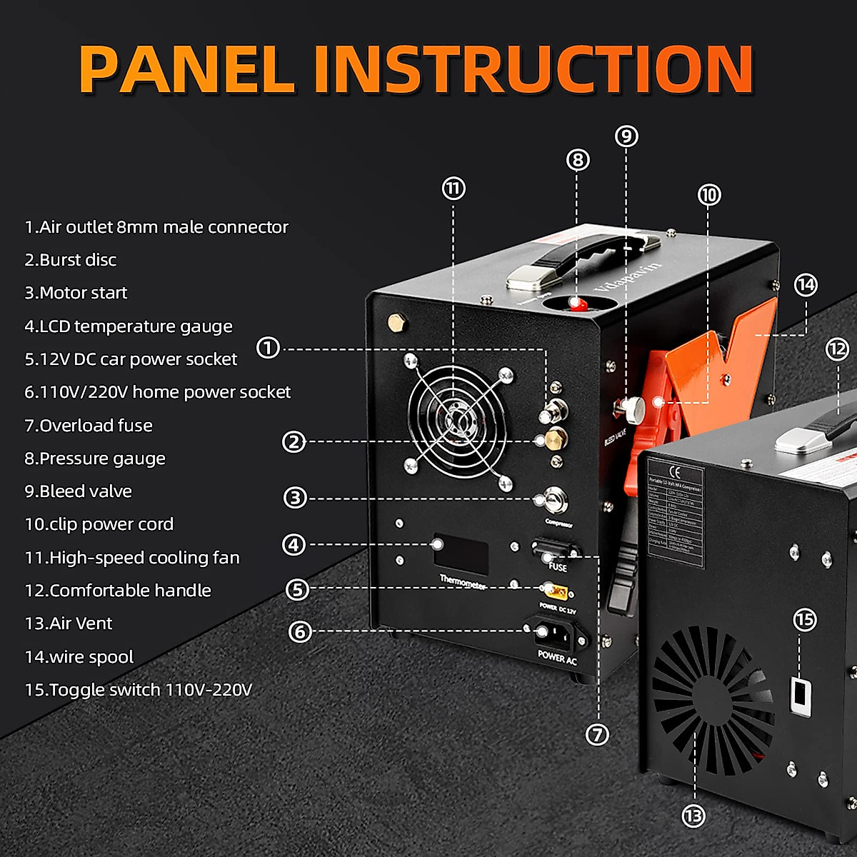PCP Air Compressor, Auto-stop Powered by DC 12V Car or Home AC 110V/220V, 4500Psi/30Mpa/300Bar w/Built-in Water/Oil Adapter & Cooling Fan for Paintball, Scuba, Air Rifle