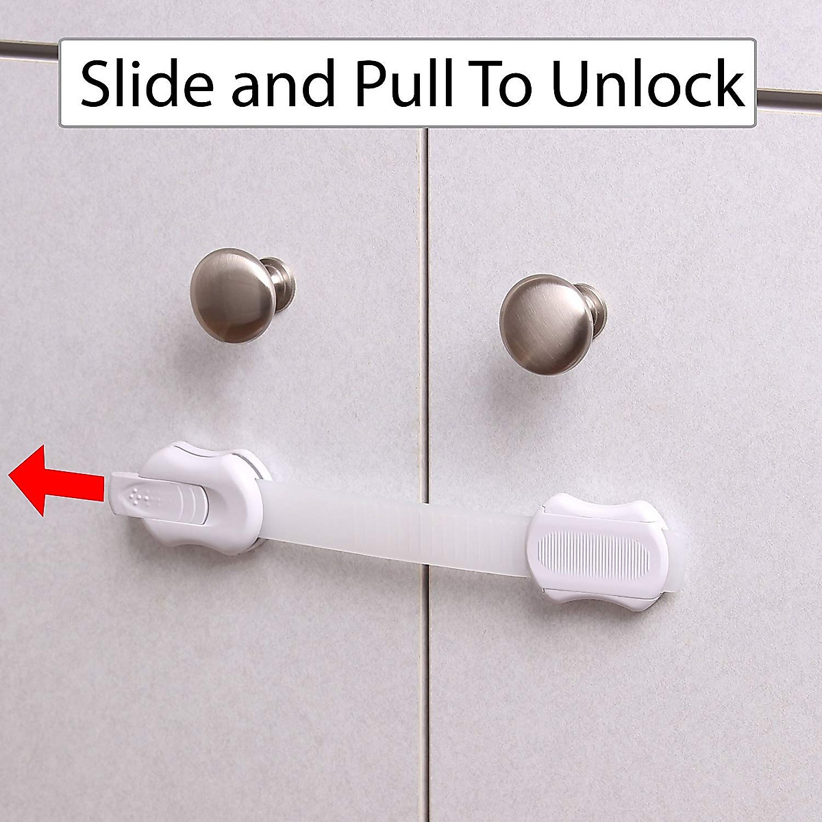 Baby Ziz Adjustable Strap Child Safety Refrigerator Lock, Cabinet Locks | 6 Pack with 2 EXTRA 3M Adhesive | White