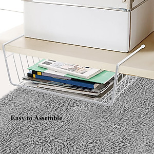 Tebery 4 Pack White Under Shelf Wire Basket Hanging Storage Baskets, Under Cabinet Add-on Storage Racks Slide-in Baskets Organizer for Kitchen Pantry Desk Bookshelf