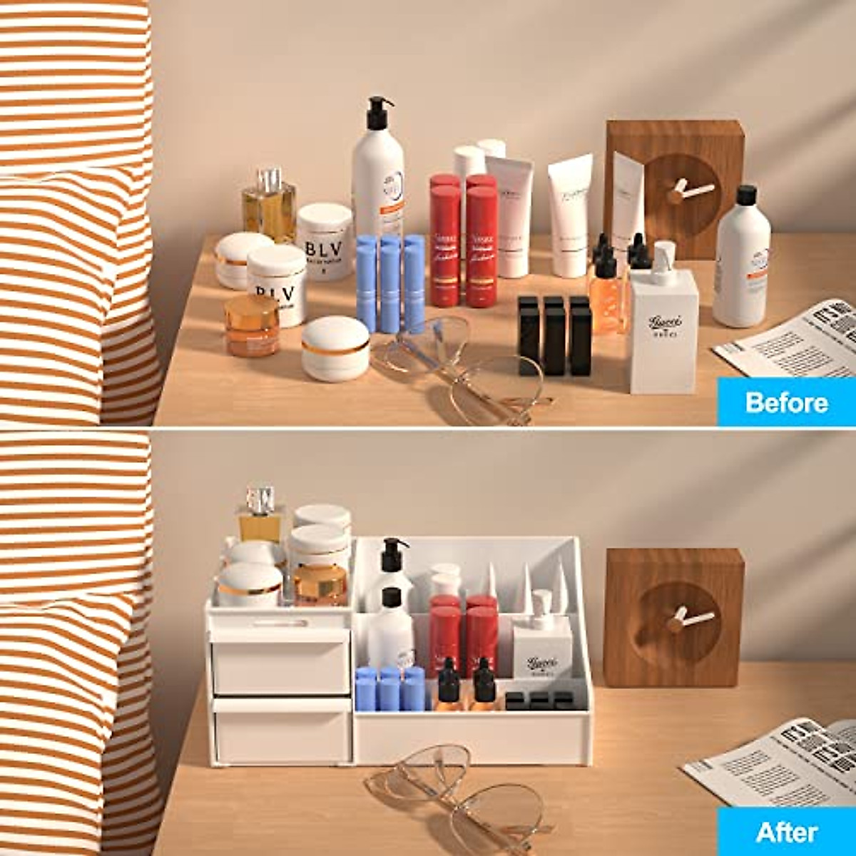 VZINO Drawer Makeup Organizer for Vanity, Large White Desk Organizer for Cosmetics, Skincare, or Stationery, Perfect for Bedroom and Office Countertops