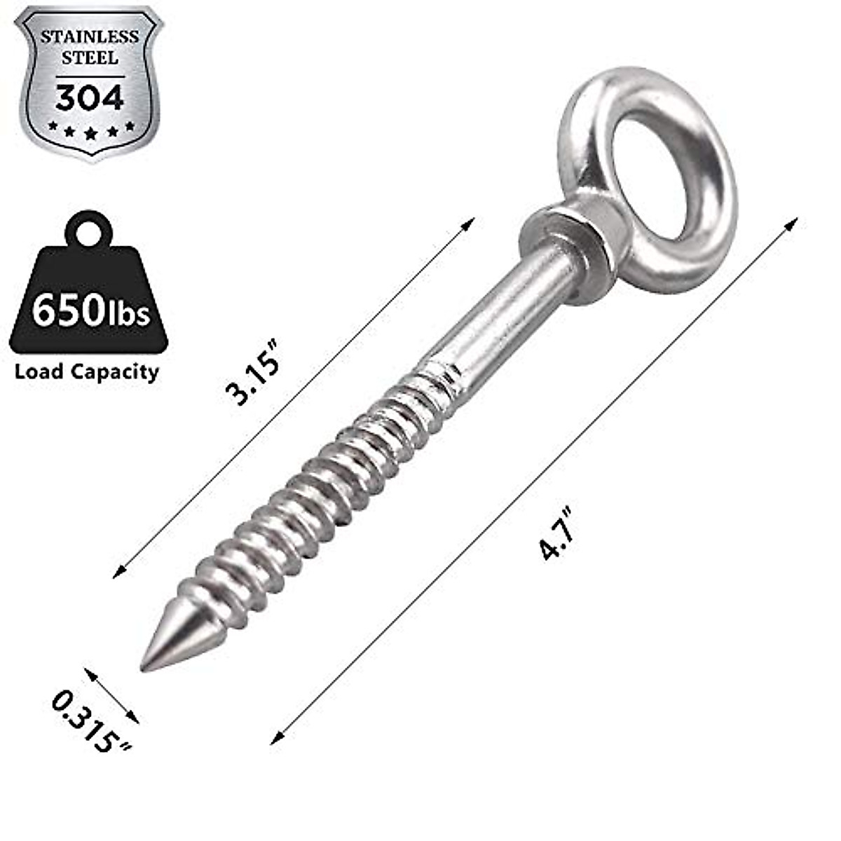 5 Pack 304 Stainless Steel Eye Screws Durable Eye Hooks Screw in Heavy Duty Perfect for Hammock Stand, Yoga, Swing Chair (Load Capacity 650lbs)