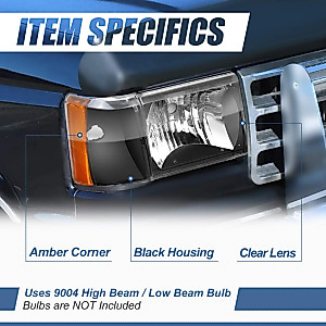 Auto Dynasty Pair of Black Housing Amber Corner Headlights w/Signal Lamps Compatible with Ford F-150 F-250 F-350 Bronco 87-91