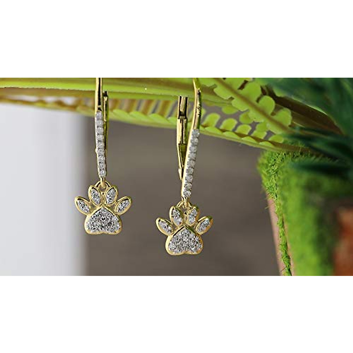 Dazzlingrock Collection Round White Diamond Cat Paw Print Drop Dangle Lever Back Earrings for Her (0.20 ctw, Color I-J, Clarity I2-I3) in 10K Yellow Gold
